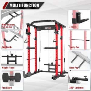 Major Fitness Power Cage, PLM03 All-in-One 1400lbs Multi-Function Power Rack with Adjustable Cable Crossover System and Exercise Machine Attachment(Red)