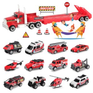 oriate fire truck vehicle toys with flatbed trailer & various traffic road signs, diecast firetruck for 3 4 5 6 7 year old boys - ambulance, helicopter, 24pcs fire rescue theme stickers