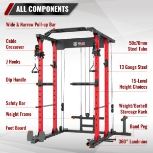 Major Fitness Power Cage, PLM03 All-in-One 1400lbs Multi-Function Power Rack with Adjustable Cable Crossover System and Exercise Machine Attachment(Red)