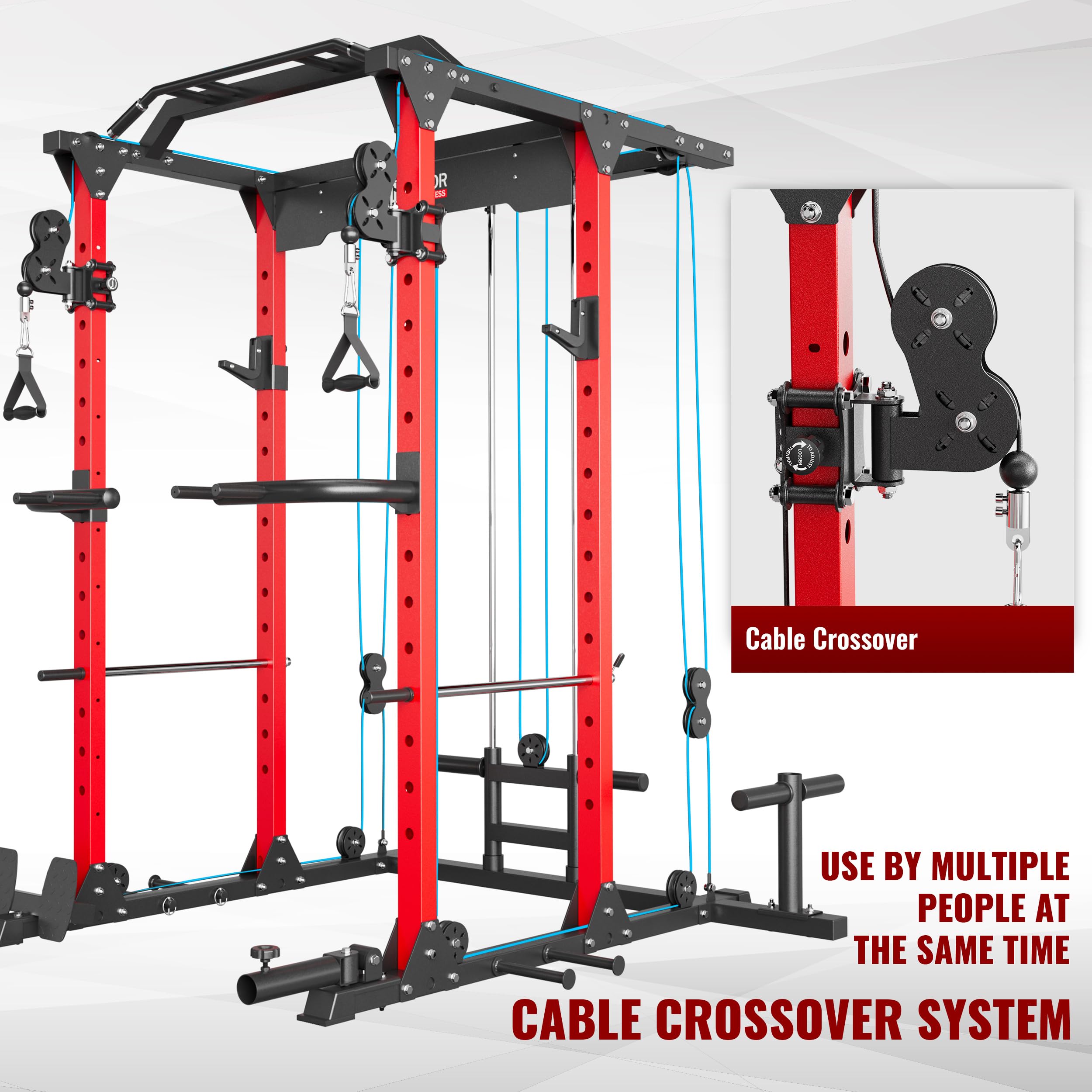 Major Fitness Power Cage, PLM03 All-in-One 1400lbs Multi-Function Power Rack with Adjustable Cable Crossover System and Exercise Machine Attachment(Red)