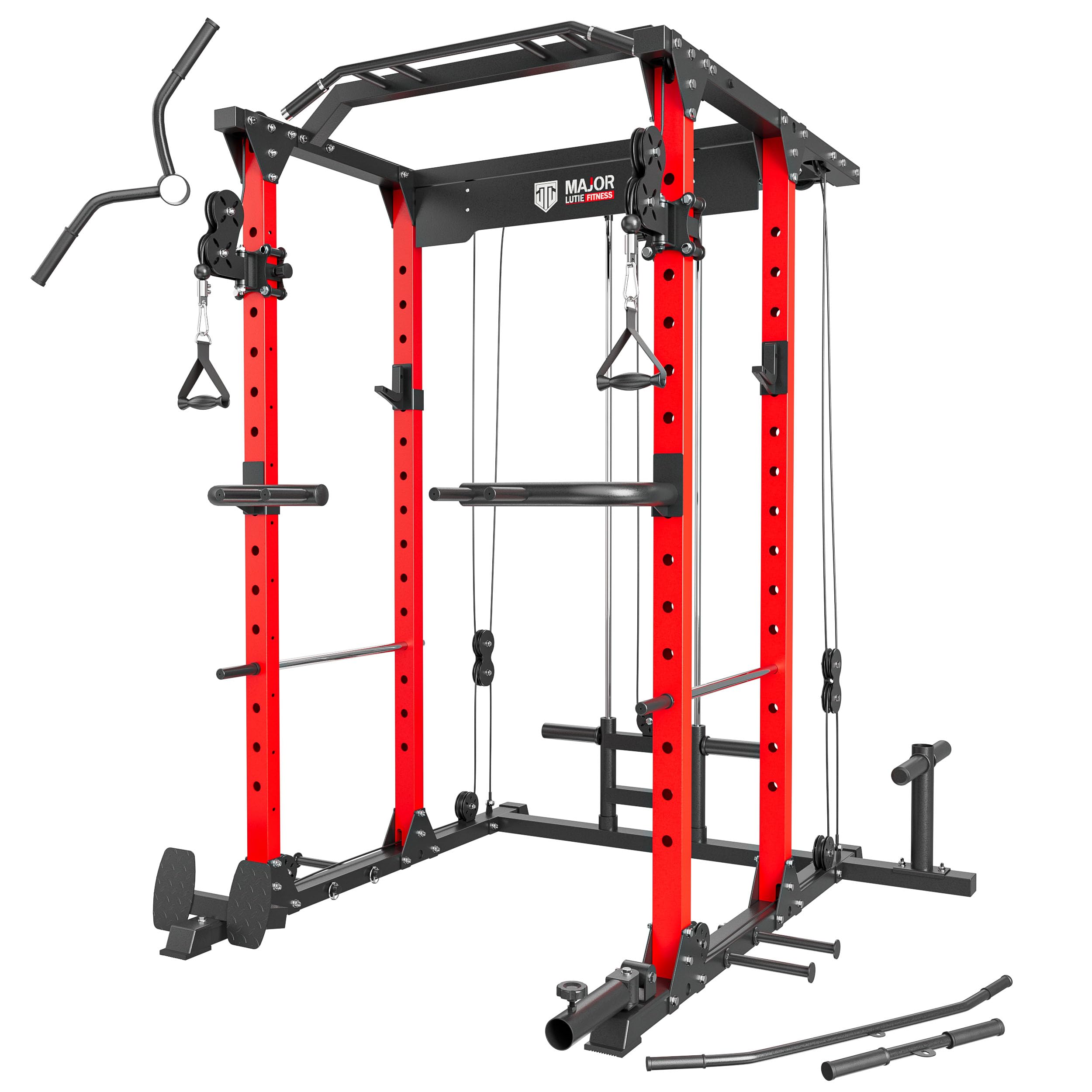 Major Fitness Power Cage, PLM03 All-in-One 1400lbs Multi-Function Power Rack with Adjustable Cable Crossover System and Exercise Machine Attachment(Red)