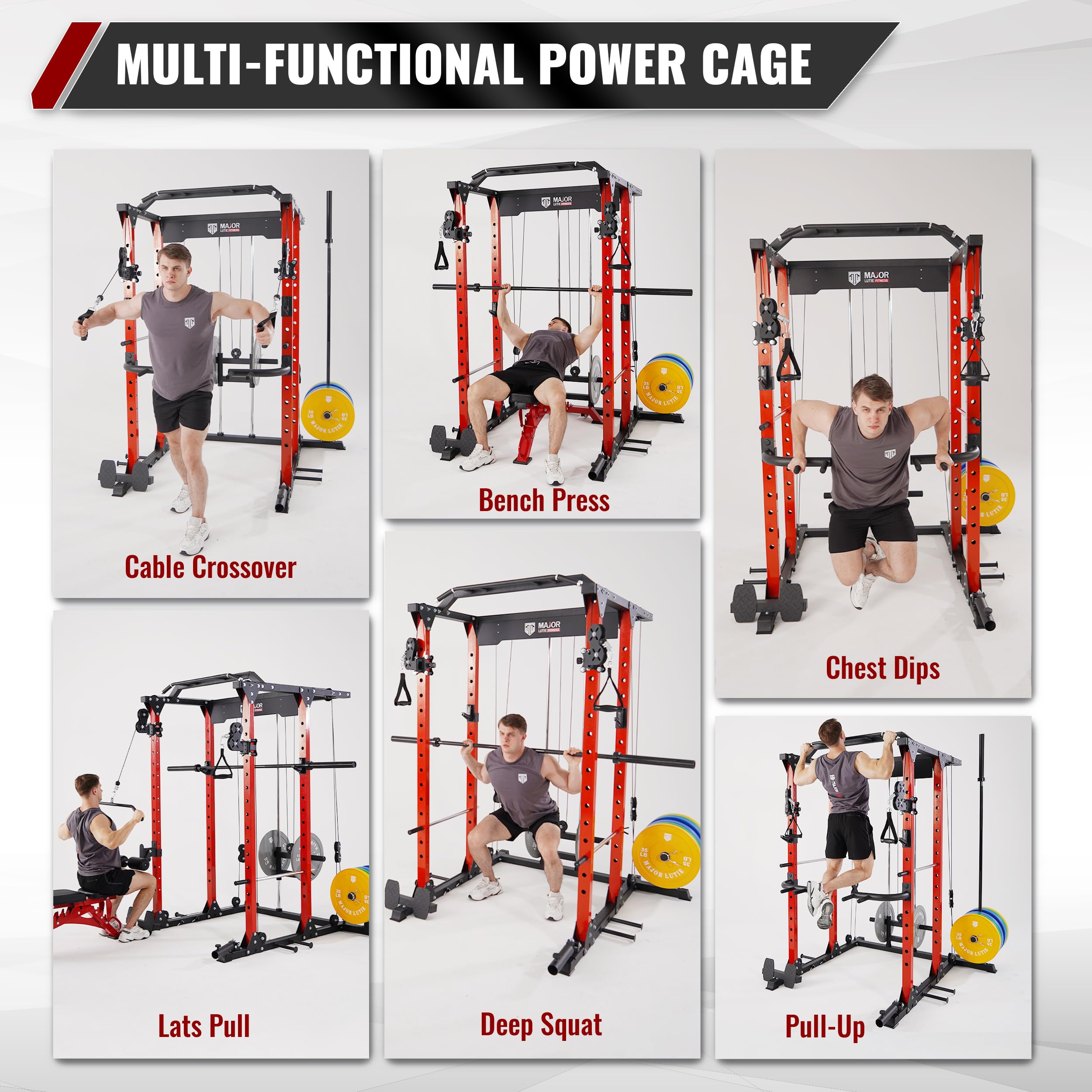 Major Fitness Power Cage, PLM03 All-in-One 1400lbs Multi-Function Power Rack with Adjustable Cable Crossover System and Exercise Machine Attachment(Red)