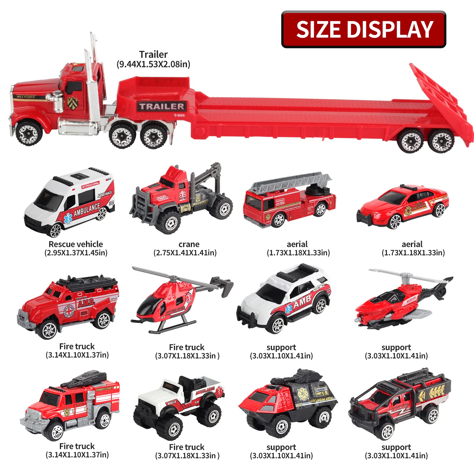 Oriate Fire Truck Vehicle Toys with Flatbed Trailer & Various Traffic Road Signs, Diecast Firetruck for 3 4 5 6 7 Year Old Boys - Ambulance, Helicopter, 24PCS Fire Rescue Theme Stickers