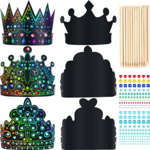 lewtemi 110 pcs paper crowns set scratch diy paper crowns with rainbow crown headband hats wooden styluses craft elastic bands colorful gem jewels stickers for boys girls adults diy decorate