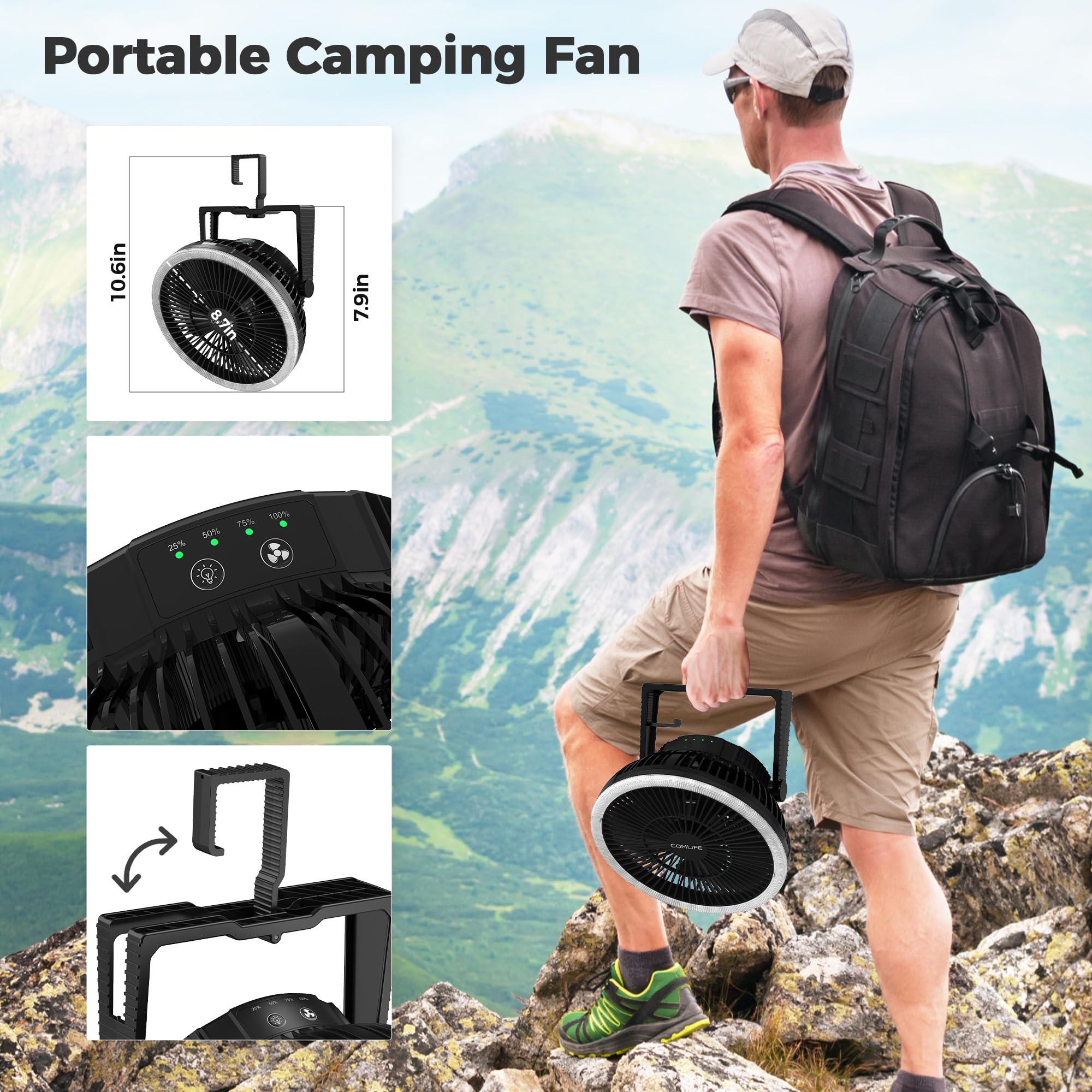 Camping Fan with LED Lantern, 8-Inch Portable Camping Fan, 10000mAh Rechargeable Battery Operated Tent Fan, 3 Speeds Table Fan with Light & Hook for Camping RV Travel Jobsite Hurricane Power Outage