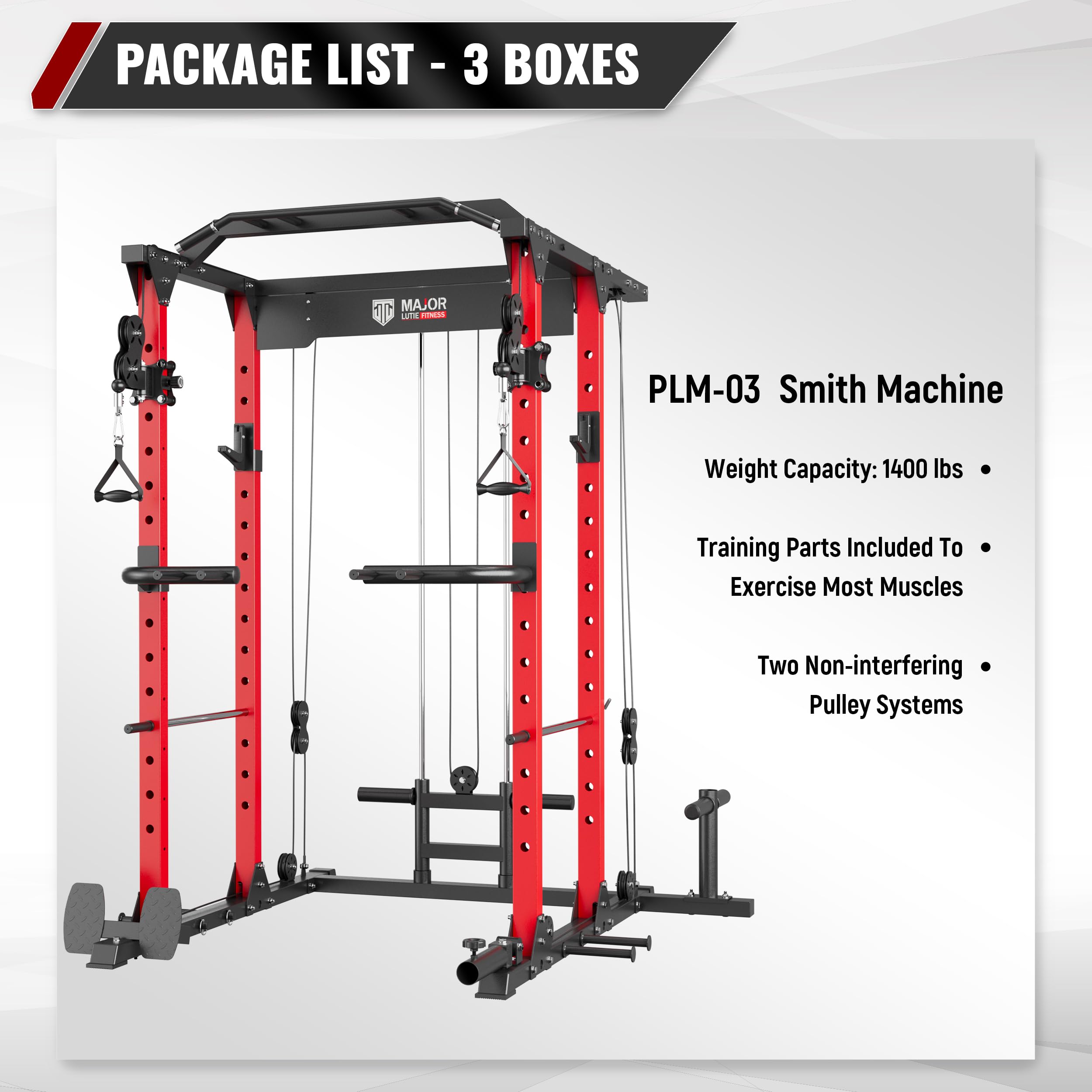 Major Fitness Power Cage, PLM03 All-in-One 1400lbs Multi-Function Power Rack with Adjustable Cable Crossover System and Exercise Machine Attachment(Red)