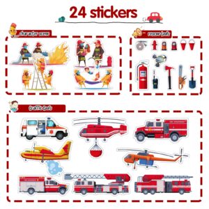 Oriate Fire Truck Vehicle Toys with Flatbed Trailer & Various Traffic Road Signs, Diecast Firetruck for 3 4 5 6 7 Year Old Boys - Ambulance, Helicopter, 24PCS Fire Rescue Theme Stickers