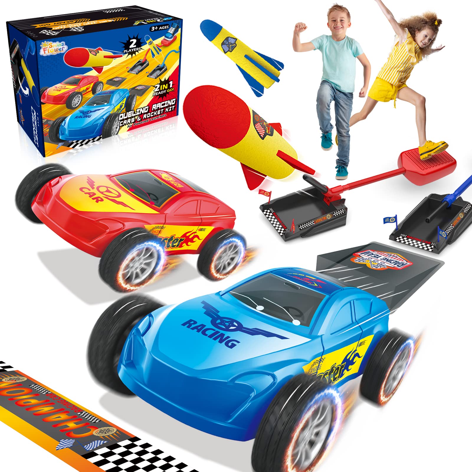 Springflower 2 in 1 Car and Rocket Dueling Launch Toys for Kids, 2 Launcher with 2 Air Powered Cars and 6 Rockets,Fun Outdoor Toy,STEM Gift for Boys & Girls Age 3, 4, 5, 6, 7, 8+ Years Old