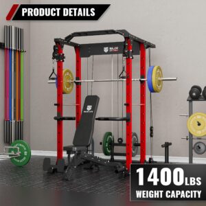 Major Fitness Power Cage, PLM03 All-in-One 1400lbs Multi-Function Power Rack with Adjustable Cable Crossover System and Exercise Machine Attachment(Red)