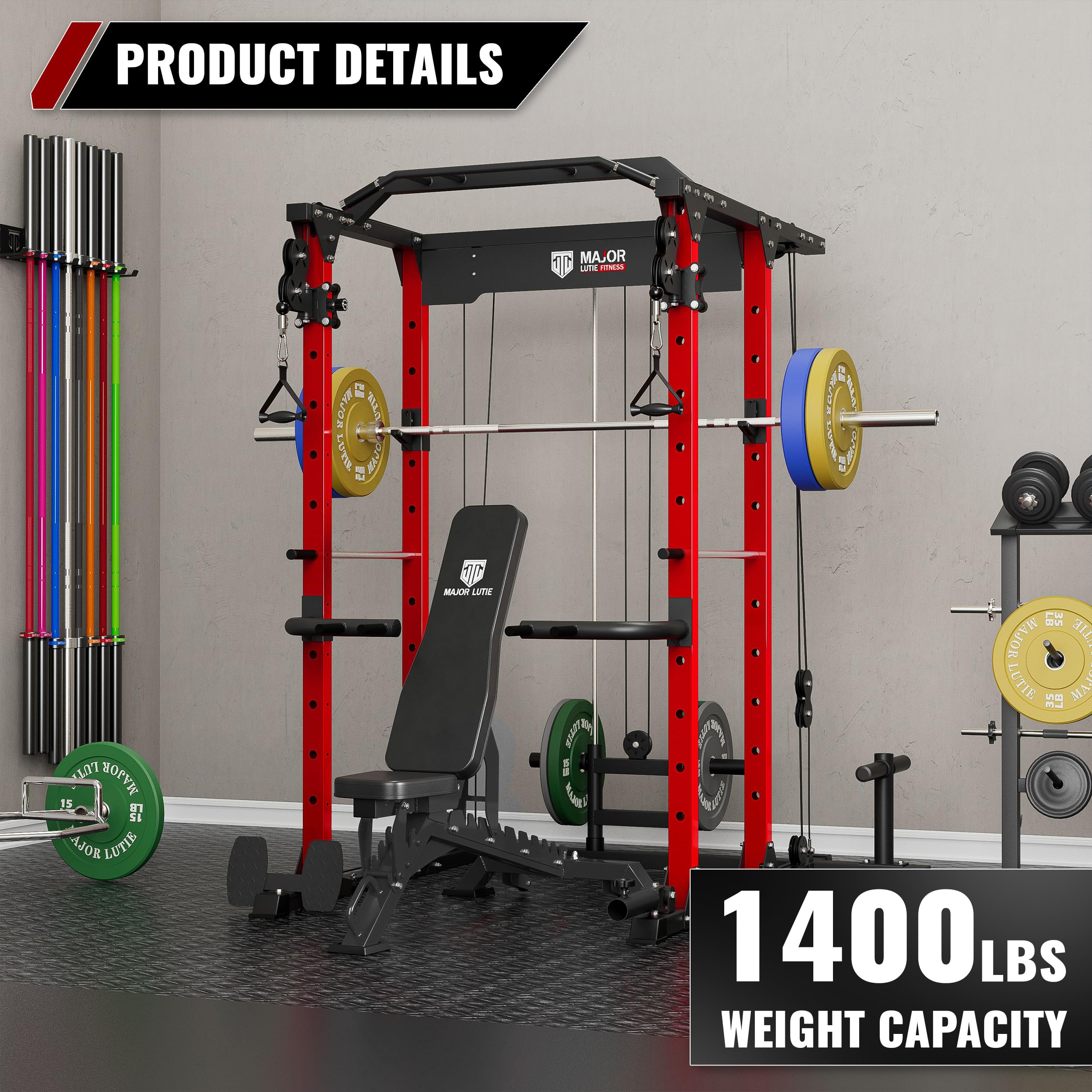 Major Fitness Power Cage, PLM03 All-in-One 1400lbs Multi-Function Power Rack with Adjustable Cable Crossover System and Exercise Machine Attachment(Red)