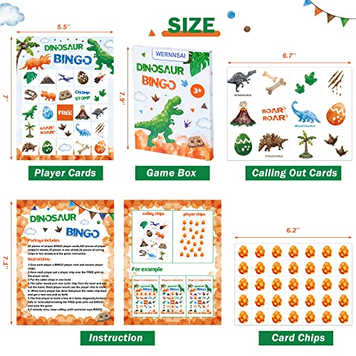 WERNNSAI Watercolor Dinosaur Bingo Party Games - 24 Players Dino Birthday Bingo Cards Set for Kids Boys Dinosaur Themed Activities for School Classroom Family Holiday