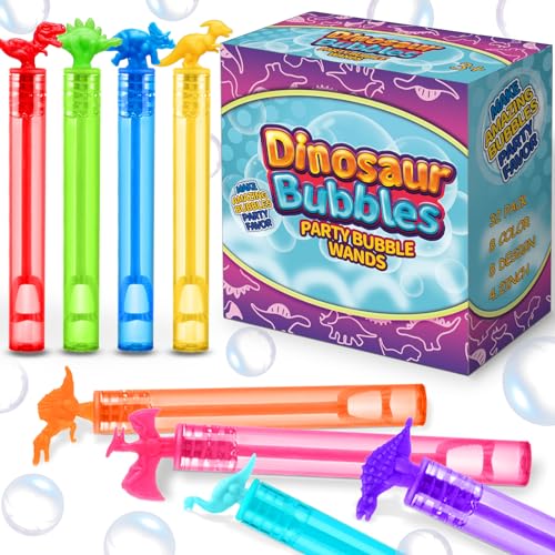 32 Piece Mini Dinosaur Bubble Wand (8 Style), Dino Theme Party Favors Neon Toy for Kids Child, Pinata Suffer, Goodie Bags Filler, School Classroom Prizes, Summer Outdoor, Gifts for Girl Boy