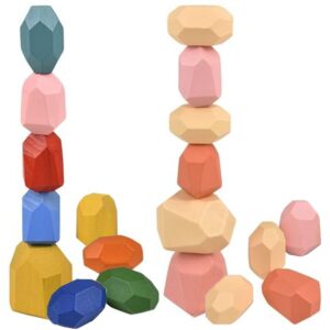 gamie wooden balancing stones, set of 10, colorful wooden stacking toys for kids, teach patience, hand eye coordination, colors, and shapes with wood stacking rocks