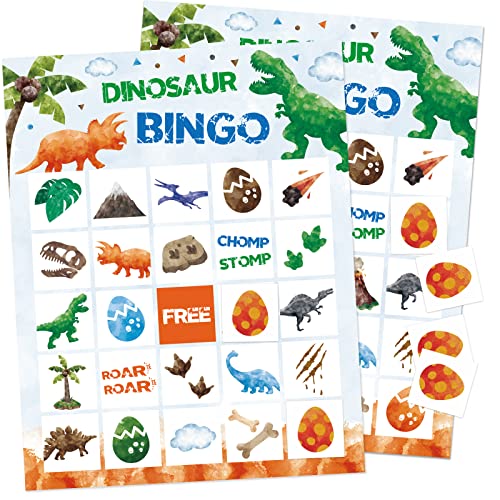 WERNNSAI Watercolor Dinosaur Bingo Party Games - 24 Players Dino Birthday Bingo Cards Set for Kids Boys Dinosaur Themed Activities for School Classroom Family Holiday