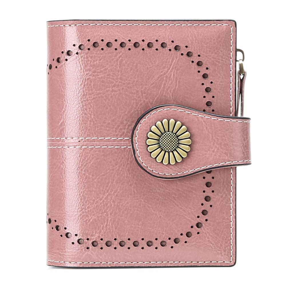 Women Wallet Pouch Purse Genuine Leather Bifold ID Window Credit Debit Card Holder RFID Protected with Gift Box (Pink)