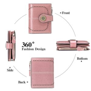 Women Wallet Pouch Purse Genuine Leather Bifold ID Window Credit Debit Card Holder RFID Protected with Gift Box (Pink)