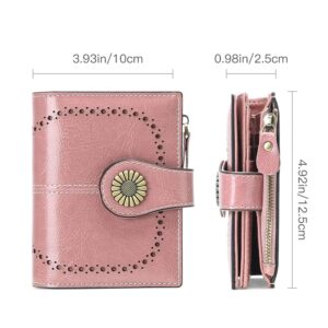 Women Wallet Pouch Purse Genuine Leather Bifold ID Window Credit Debit Card Holder RFID Protected with Gift Box (Pink)