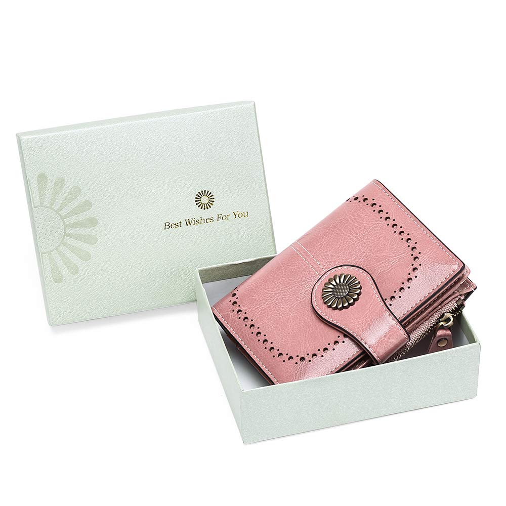 Women Wallet Pouch Purse Genuine Leather Bifold ID Window Credit Debit Card Holder RFID Protected with Gift Box (Pink)