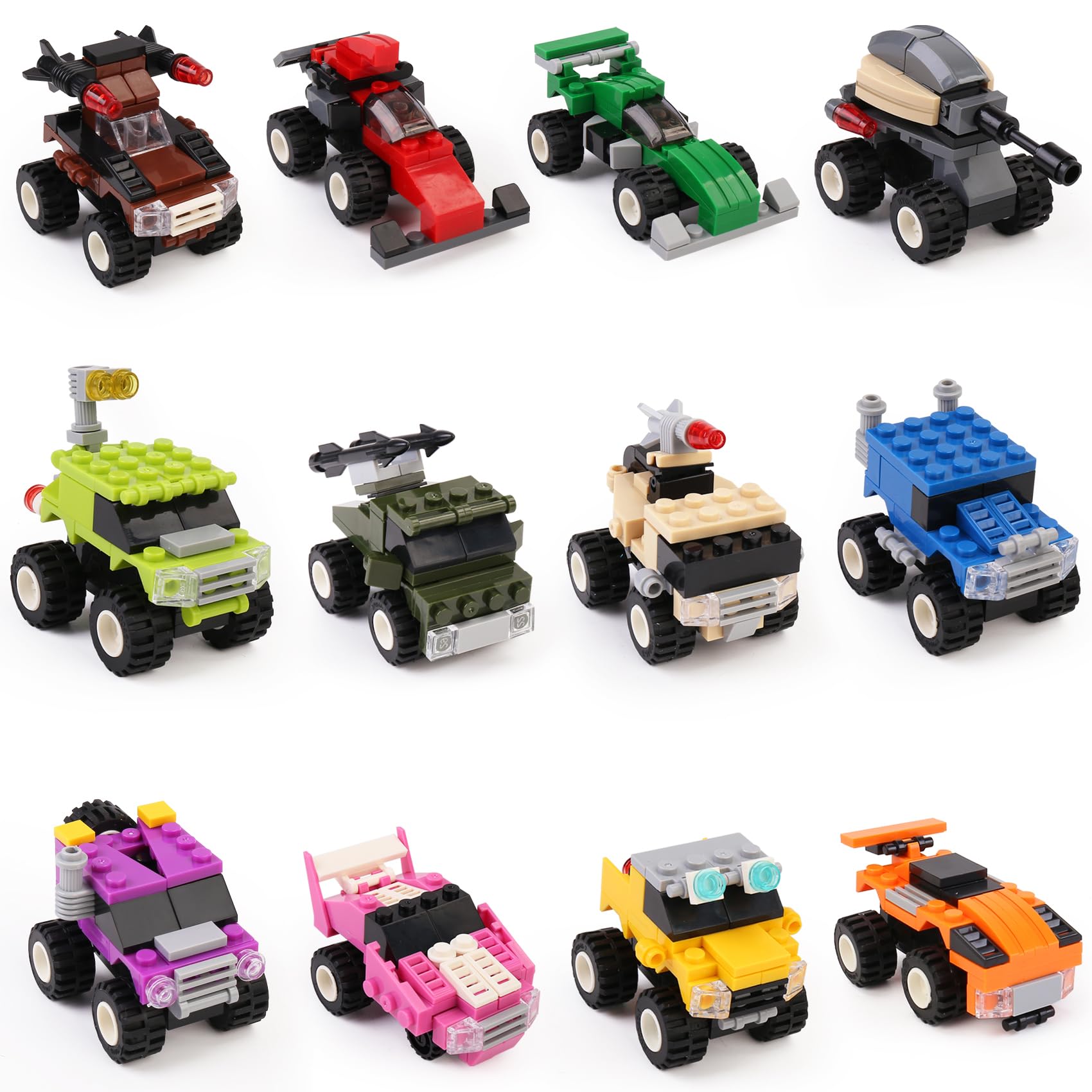 IAMGlobal 12 Mini Pull Back Cars Building Blocks Toy Set, Trucks Toy Vehicles Set Stem Toys, Party Supplies Gifts Party Favor for Kids, Goodie Bags, Birthday, Carnival Prizes