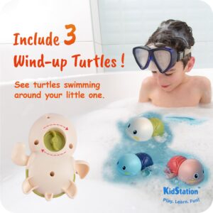 KidStation® - Baby Bath Toys for Toddlers 1-3, Kids 3-4 Years Old - Lion Bathtub Toys with Bubble Foam Maker + 3 Wind-Up Swimming Turtles - Gift Card Included for Christmas and Birthday