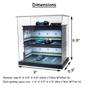 Hot Diecast Wheels Display Case - 1/64 Scale Die-cast Model Car Display Case with LED Light and Acrylic Cover, Wooden Parking Garage in 3 Floors with 10 Parking Spaces (1:64 Green with Acrylic)