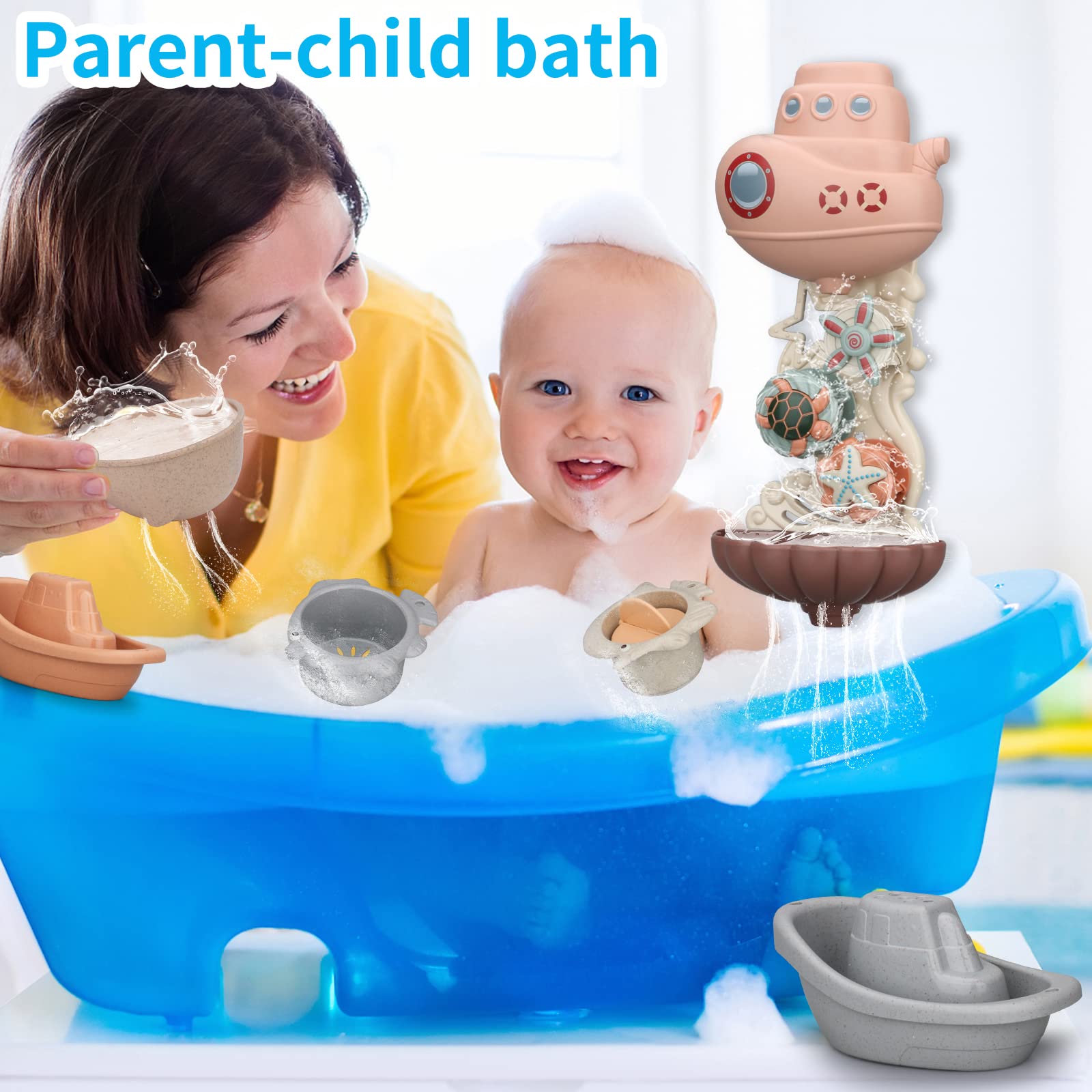 Toddler Bath Toys for Kids Ages 1-3 | 9PCS Bathtub Mold Free Bath Toy for Babies | Infants Bath tub Toys with 2 Shark Shower & 2 Toy Boats & 4 Baby Cup | Water Table Bath Toys for Babies 6-12 Months