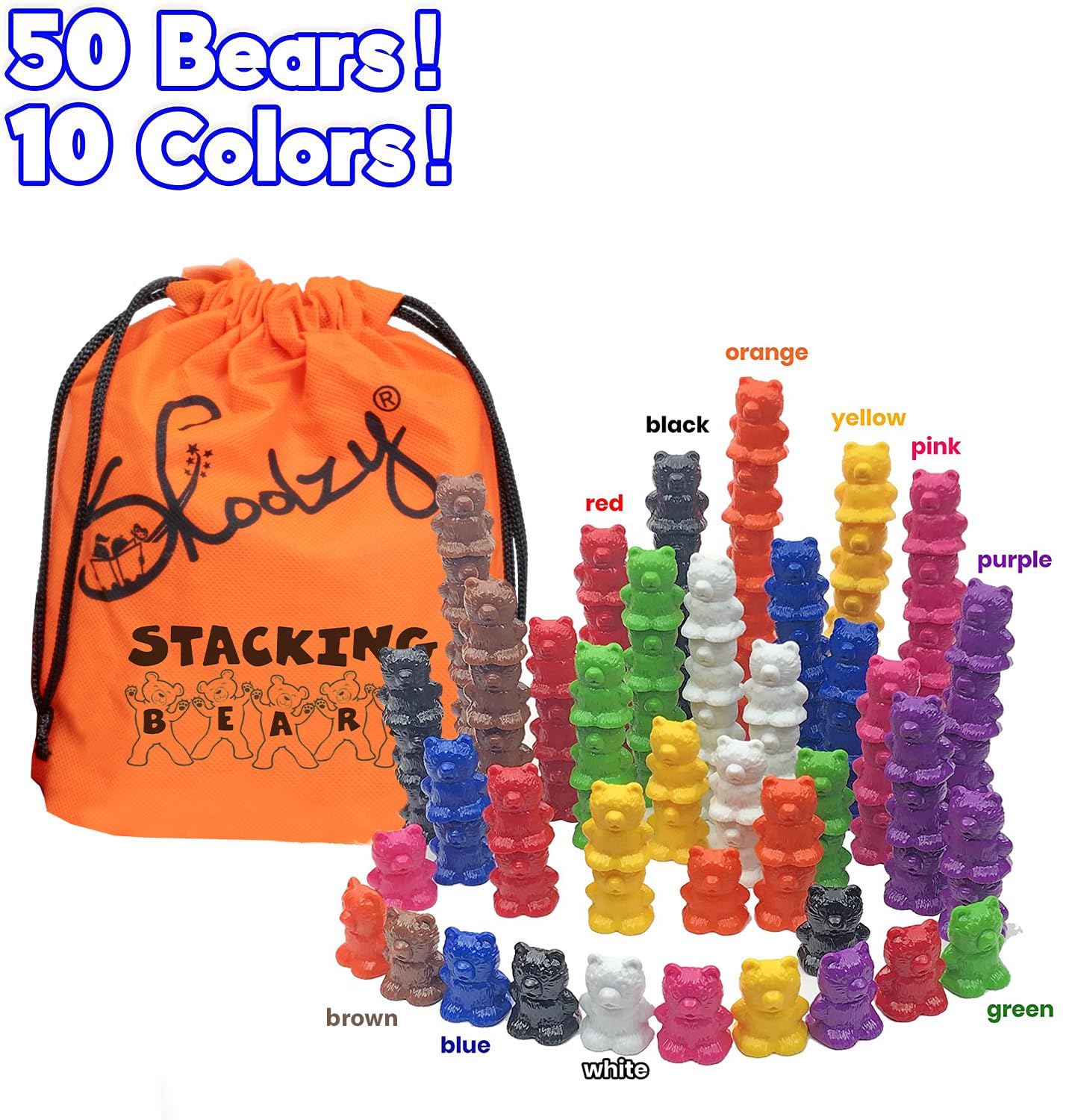 Skoolzy Rainbow Stackable Counting Bears - Stacking & Sorting Bears for Toddlers 50 pcs - Teddy Bear Math Manipulatives for 3-8 Kids & Adults