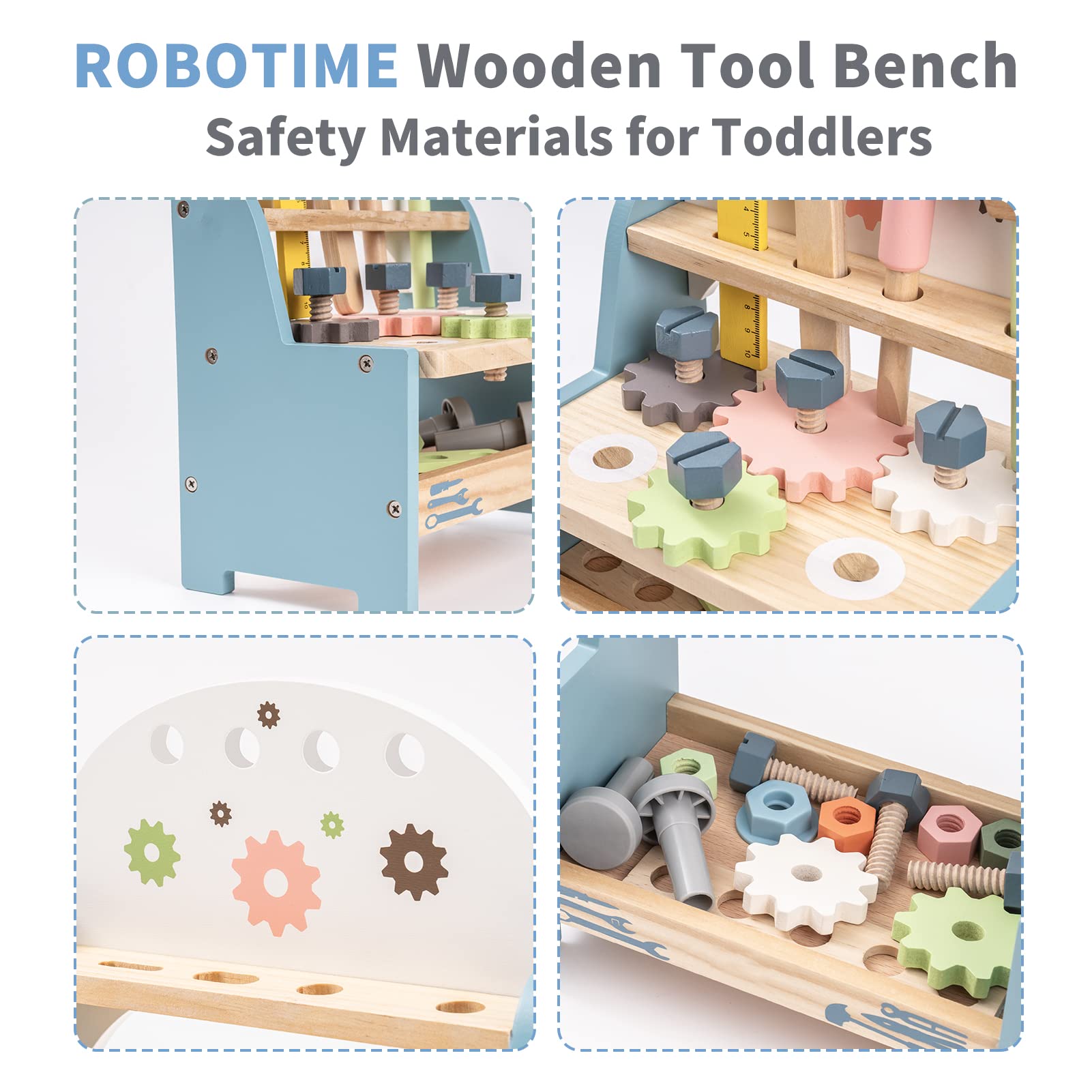 ROBOTIME Tool Bench Set for Toddlers - Mini Wooden Work Bench for Kids, Construction Toys w/Wooden Tools, Educational Pretend Play Gift Building Toy Tools Set for 18 Months 2 3 4 5 Boys Girls