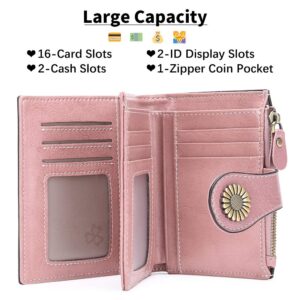 Women Wallet Pouch Purse Genuine Leather Bifold ID Window Credit Debit Card Holder RFID Protected with Gift Box (Pink)