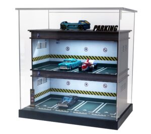 hot diecast wheels display case - 1/64 scale die-cast model car display case with led light and acrylic cover, wooden parking garage in 3 floors with 10 parking spaces (1:64 green with acrylic)