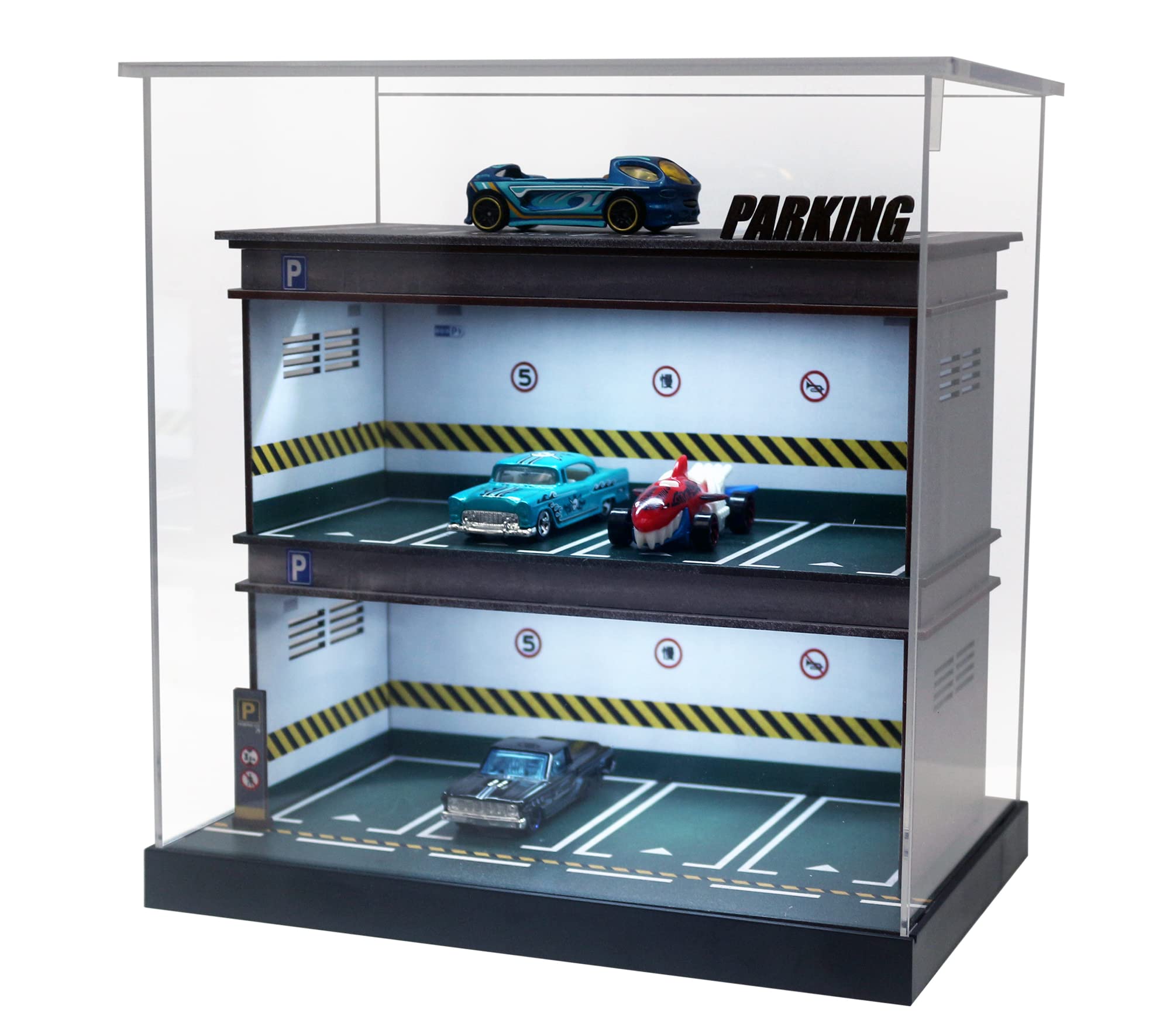 Hot Diecast Wheels Display Case - 1/64 Scale Die-cast Model Car Display Case with LED Light and Acrylic Cover, Wooden Parking Garage in 3 Floors with 10 Parking Spaces (1:64 Green with Acrylic)