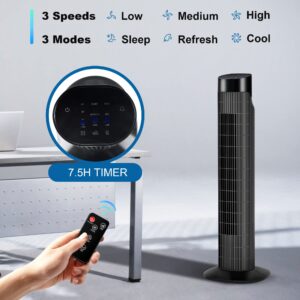 AKIRES Tower Fan with Remote,3 Speeds,3 Modes,Oscillating Fan Quiet Cooling Portable Standing Bladeless Floor Fans with 0-7.5H Auto-Off Timer for Bedroom,Office,Living Room,Indoor,31 Inch,Black