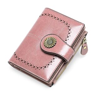 Women Wallet Pouch Purse Genuine Leather Bifold ID Window Credit Debit Card Holder RFID Protected with Gift Box (Pink)