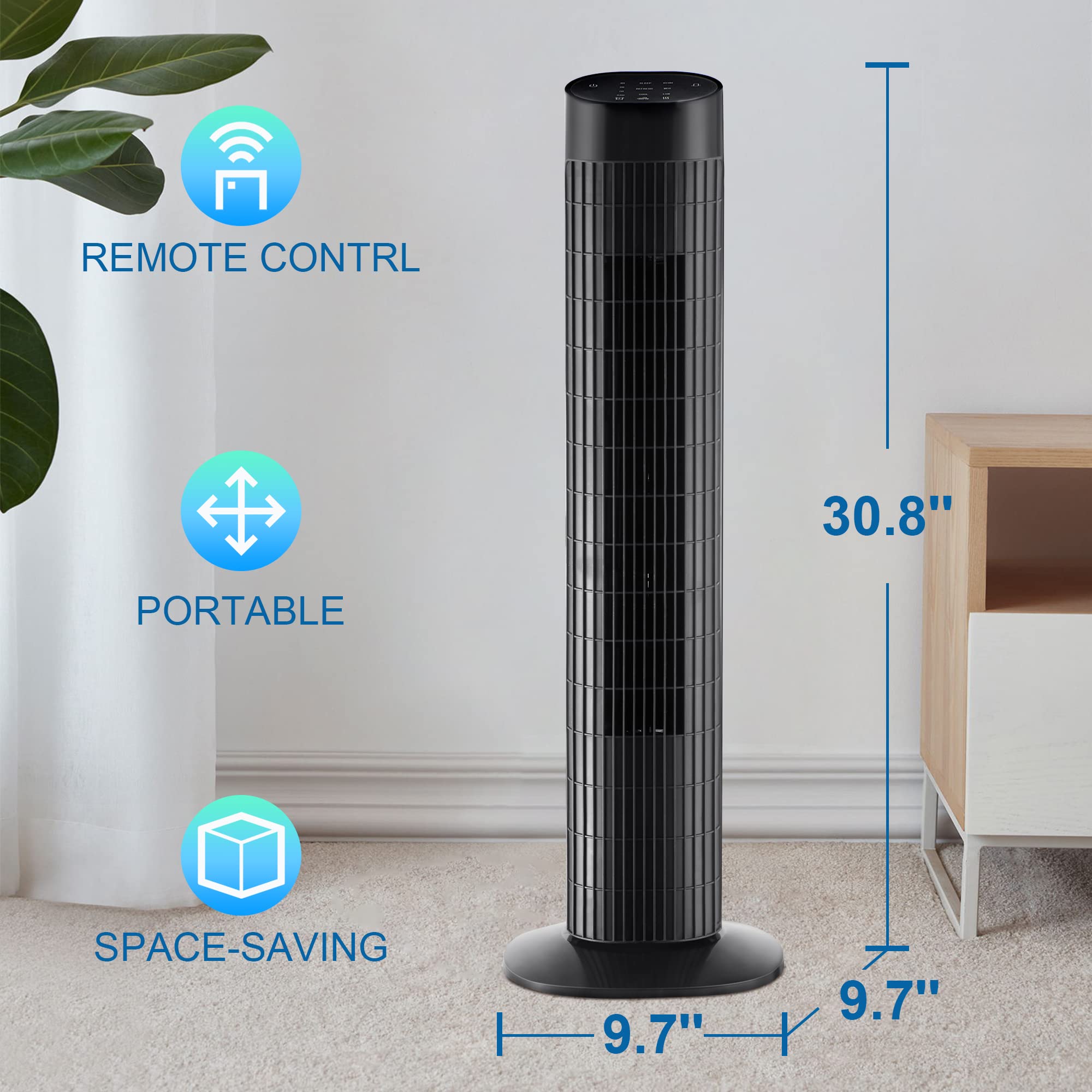 AKIRES Tower Fan with Remote,3 Speeds,3 Modes,Oscillating Fan Quiet Cooling Portable Standing Bladeless Floor Fans with 0-7.5H Auto-Off Timer for Bedroom,Office,Living Room,Indoor,31 Inch,Black