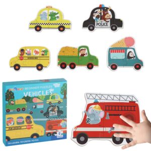 flyingseeds 6 packs vehicles shaped wooden jigsaw puzzles for toddlers 1-3, easy puzzles with pattern blocks, montessori learning toys preschool educational game class teaching best gifts for kids 2-4