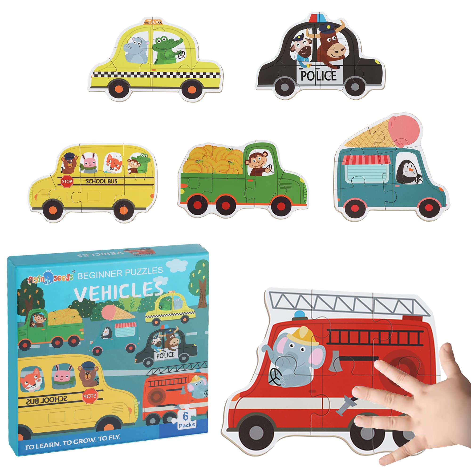 FLYINGSEEDS 6 Packs Vehicles Shaped Wooden Jigsaw Puzzles for Toddlers 1-3, Easy Puzzles with Pattern Blocks, Montessori Learning Toys Preschool Educational Game Class Teaching Best Gifts for Kids 2-4