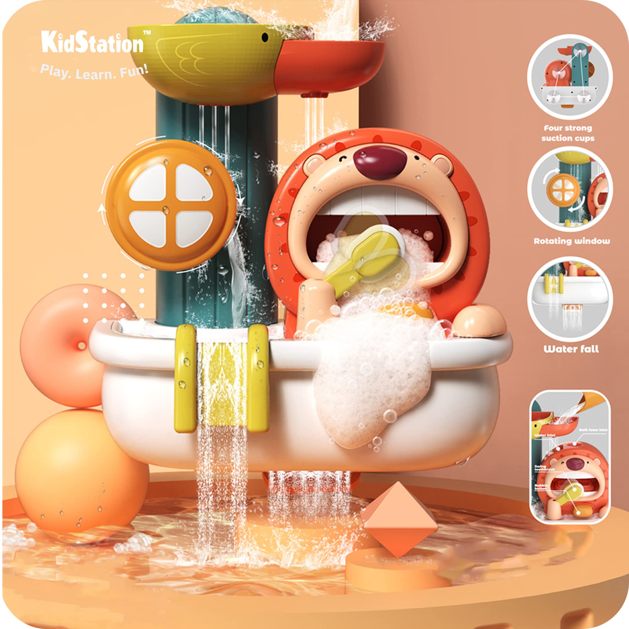 KidStation® - Baby Bath Toys for Toddlers 1-3, Kids 3-4 Years Old - Lion Bathtub Toys with Bubble Foam Maker + 3 Wind-Up Swimming Turtles - Gift Card Included for Christmas and Birthday