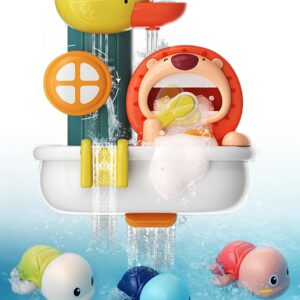 KidStation® - Baby Bath Toys for Toddlers 1-3, Kids 3-4 Years Old - Lion Bathtub Toys with Bubble Foam Maker + 3 Wind-Up Swimming Turtles - Gift Card Included for Christmas and Birthday