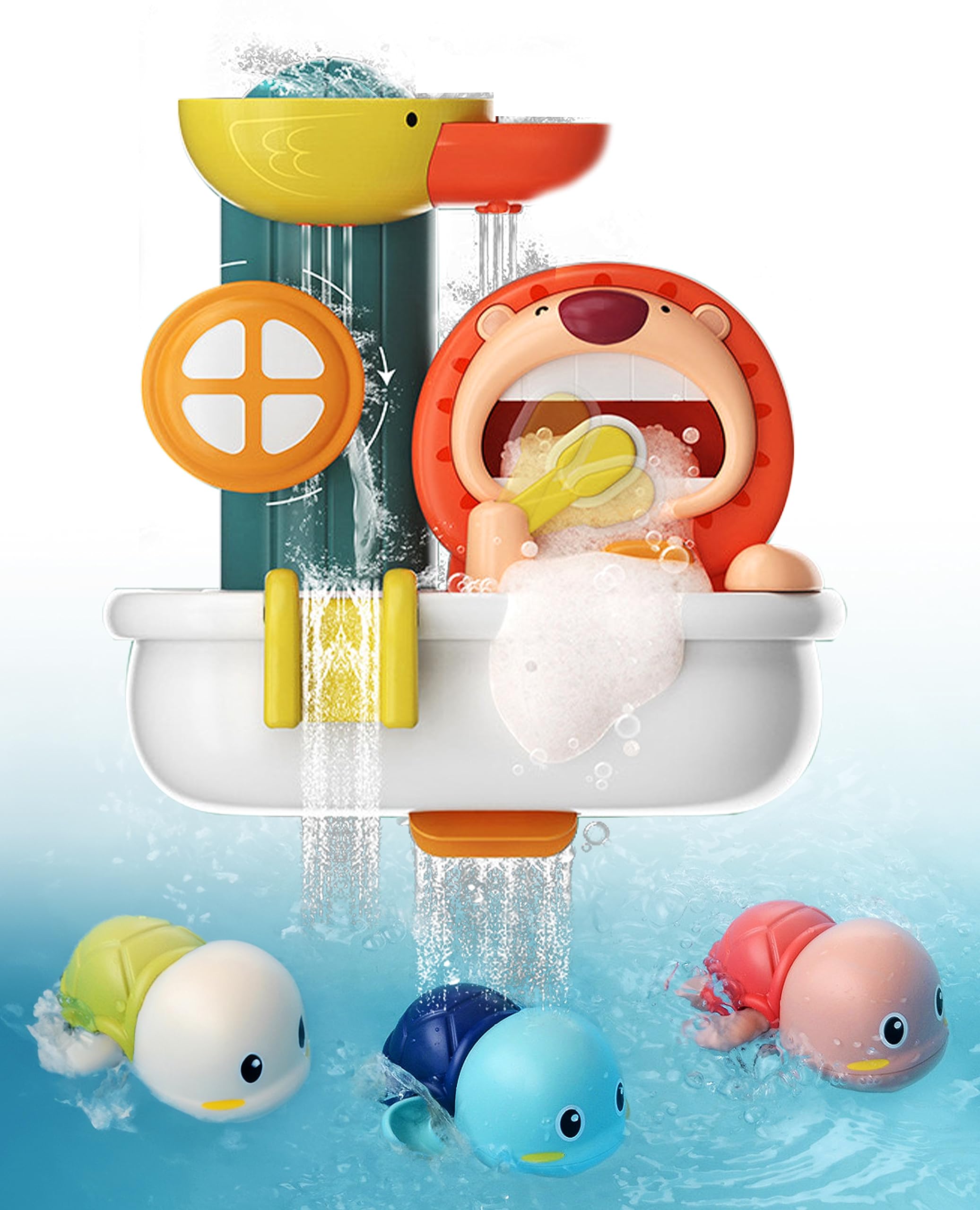 KidStation® - Baby Bath Toys for Toddlers 1-3, Kids 3-4 Years Old - Lion Bathtub Toys with Bubble Foam Maker + 3 Wind-Up Swimming Turtles - Gift Card Included for Christmas and Birthday