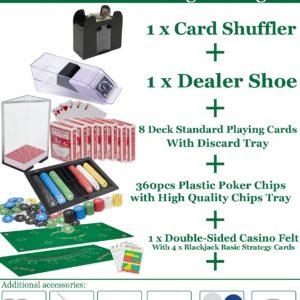 MrCarbon Super Casino Game Set: 6 Deck Shuffler+360pcs Chips+8 Poker Cards+Card Shoe+Chip Rake+Felt+Accessories, Blackjack Set & Texas Holdem Complete Kit, Poker Night Kit for Adult Casino Party