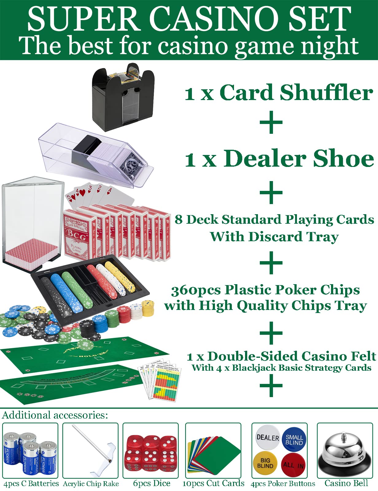 MrCarbon Super Casino Game Set: 6 Deck Shuffler+360pcs Chips+8 Poker Cards+Card Shoe+Chip Rake+Felt+Accessories, Blackjack Set & Texas Holdem Complete Kit, Poker Night Kit for Adult Casino Party