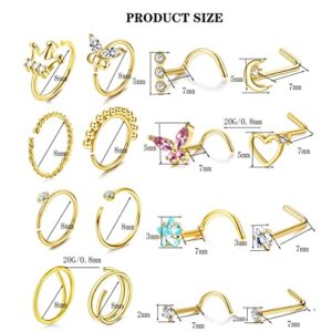 EVISPOL 16Pcs 20G Nose Piercing Jewelry for Women Men, Stainless Steel Nose Rings Hoops CZ Nose Studs Butterfly Moon Nose Screws L Shape Nose Piercings (Gold-16Pcs)