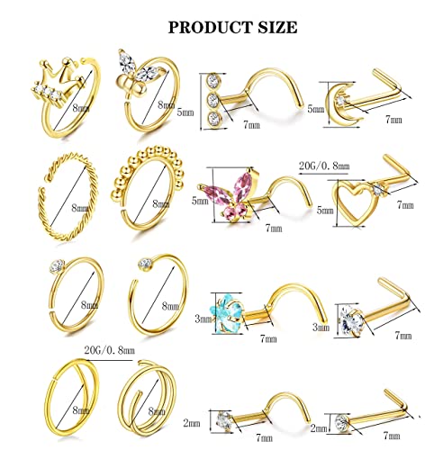 EVISPOL 16Pcs 20G Nose Piercing Jewelry for Women Men, Stainless Steel Nose Rings Hoops CZ Nose Studs Butterfly Moon Nose Screws L Shape Nose Piercings (Gold-16Pcs)