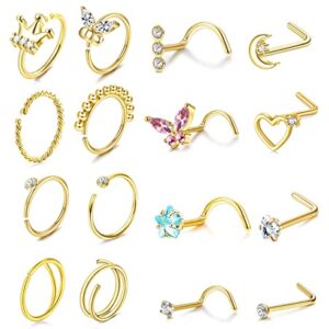 EVISPOL 16Pcs 20G Nose Piercing Jewelry for Women Men, Stainless Steel Nose Rings Hoops CZ Nose Studs Butterfly Moon Nose Screws L Shape Nose Piercings (Gold-16Pcs)