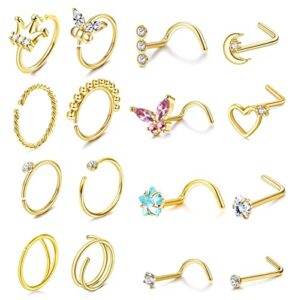 evispol 16pcs 20g nose piercing jewelry for women men, stainless steel nose rings hoops cz nose studs butterfly moon nose screws l shape nose piercings (gold-16pcs)