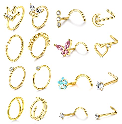 EVISPOL 16Pcs 20G Nose Piercing Jewelry for Women Men, Stainless Steel Nose Rings Hoops CZ Nose Studs Butterfly Moon Nose Screws L Shape Nose Piercings (Gold-16Pcs)