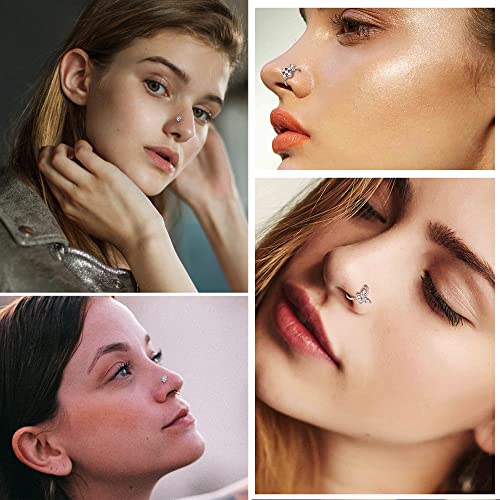 EVISPOL 16Pcs 20G Nose Piercing Jewelry for Women Men, Stainless Steel Nose Rings Hoops CZ Nose Studs Butterfly Moon Nose Screws L Shape Nose Piercings (Gold-16Pcs)