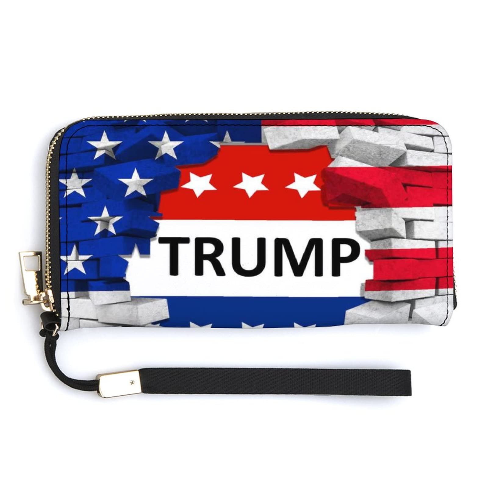 FunnyStar American USA Flag And Trump Leather Travel Wallet Wristlet Purse Portable Case For Boarding Pass ID Money Tickets With Zipper