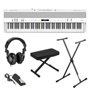 roland fp-90x 88-key portable digital piano, white bundle with stand, bench, sustain pedal, studio monitor headphones