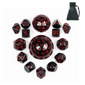 poludie 15 pieces complete polyhedral dnd dice set d3-d100 spherical d&d dice set with dragon eye dice bag, d100 dice for dungeons and dragons, rpg, mtg table games(black w/red numbers)